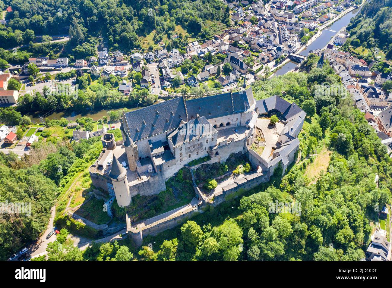 Aerial view of Vianden castle, canton of Vianden, Grand Duchy of ...
