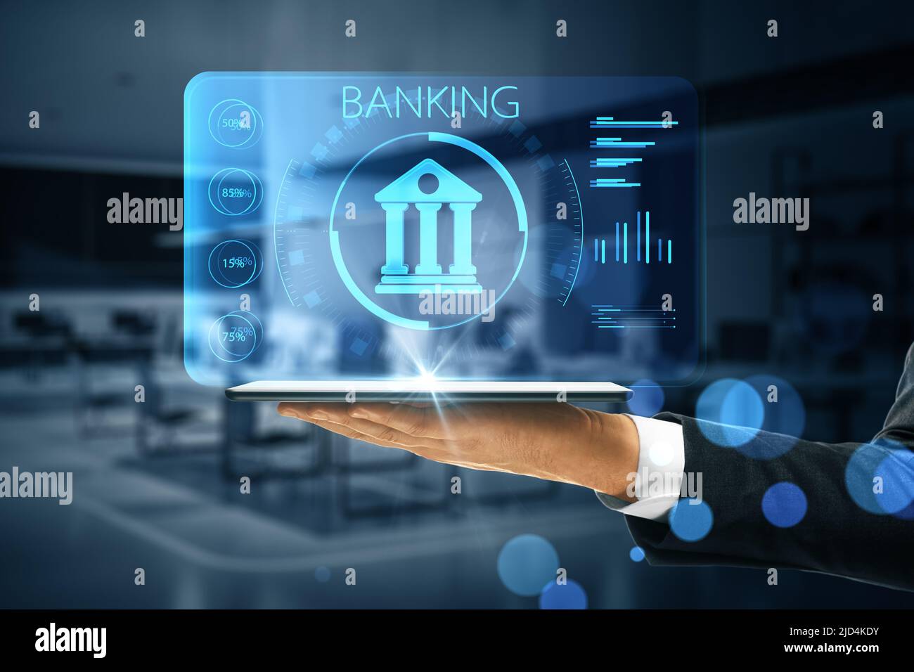 Online banking application concept with digital bank building sign with ...