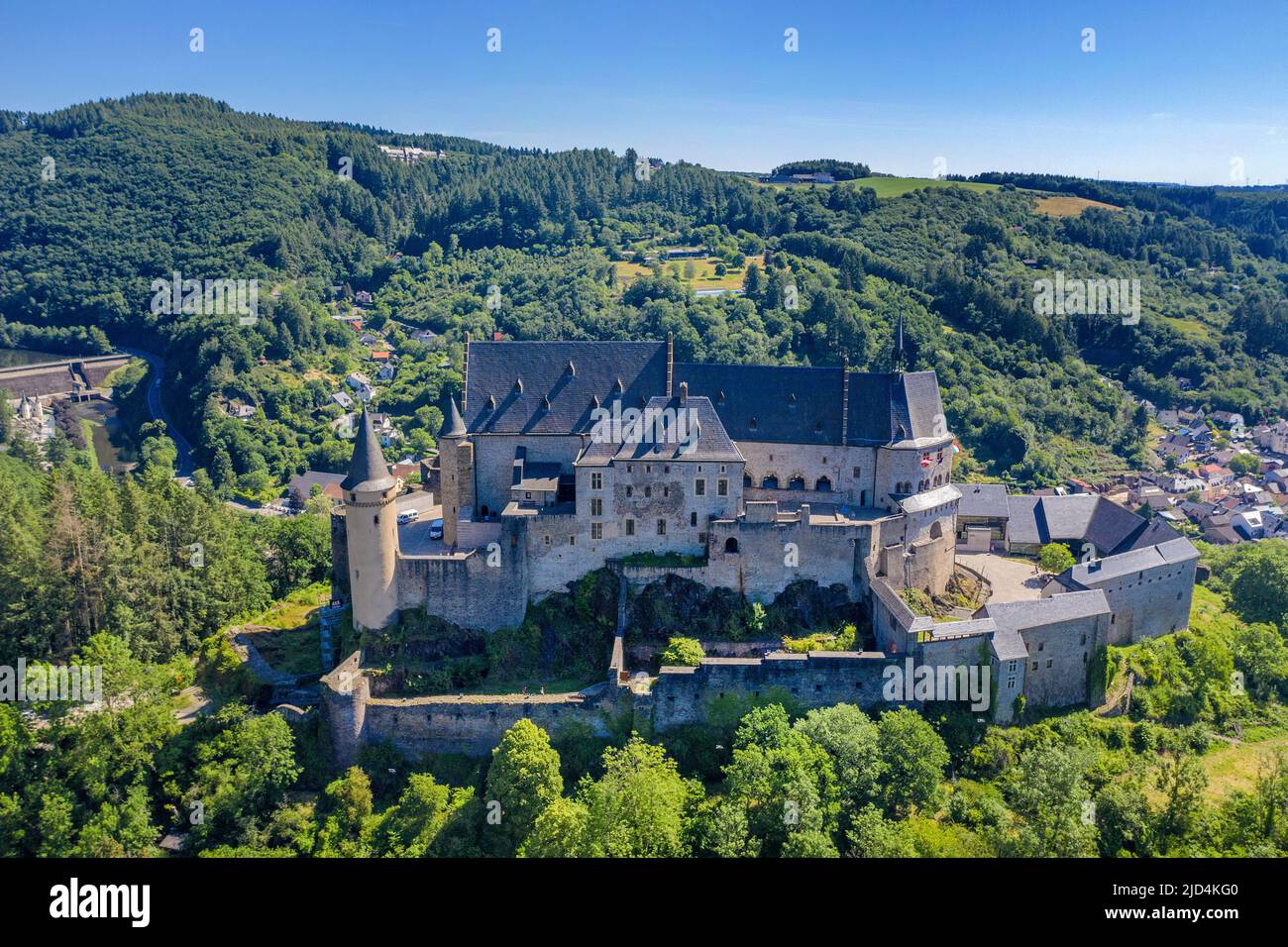 Aerial view of Vianden castle, canton of Vianden, Grand Duchy of ...