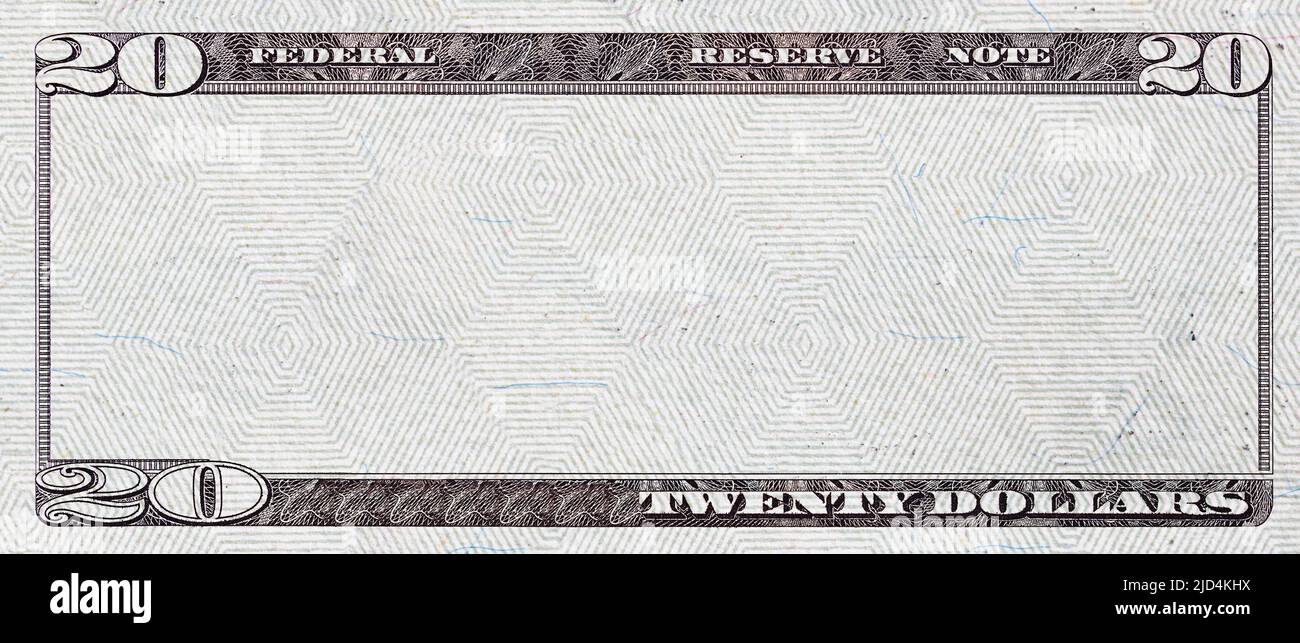 Closeup of 20 dollar banknote with empty middle area for design purpose ...