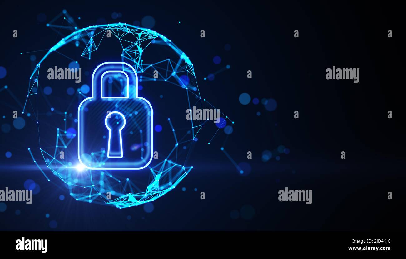 Internet data and security concept with bright digital lock sign in round sphere on abstract ...