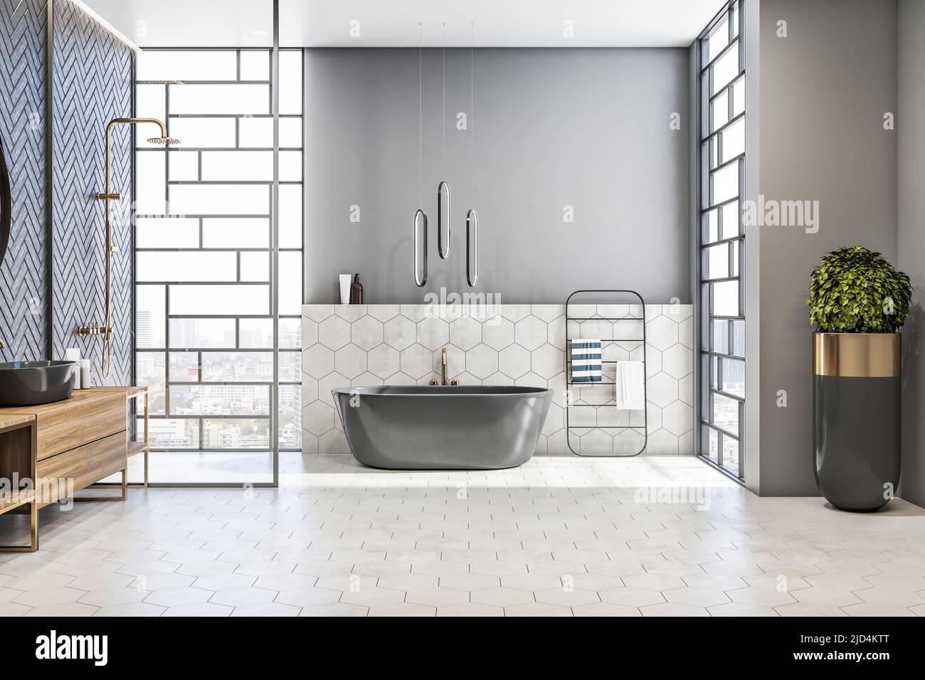 Front view on modern interior design bathroom with city view from ...