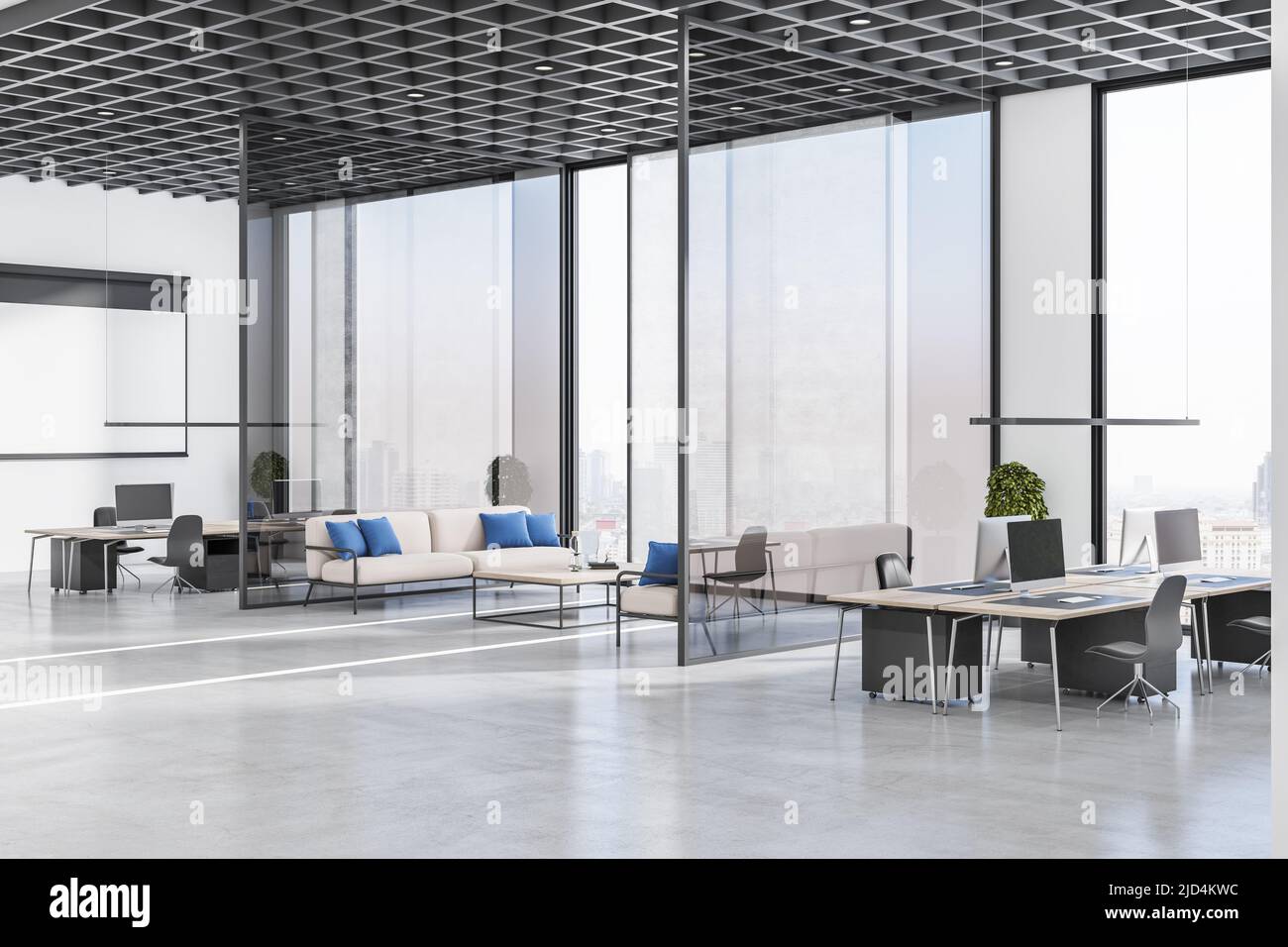 Modern spacious office hall with side view on black and wood work ...