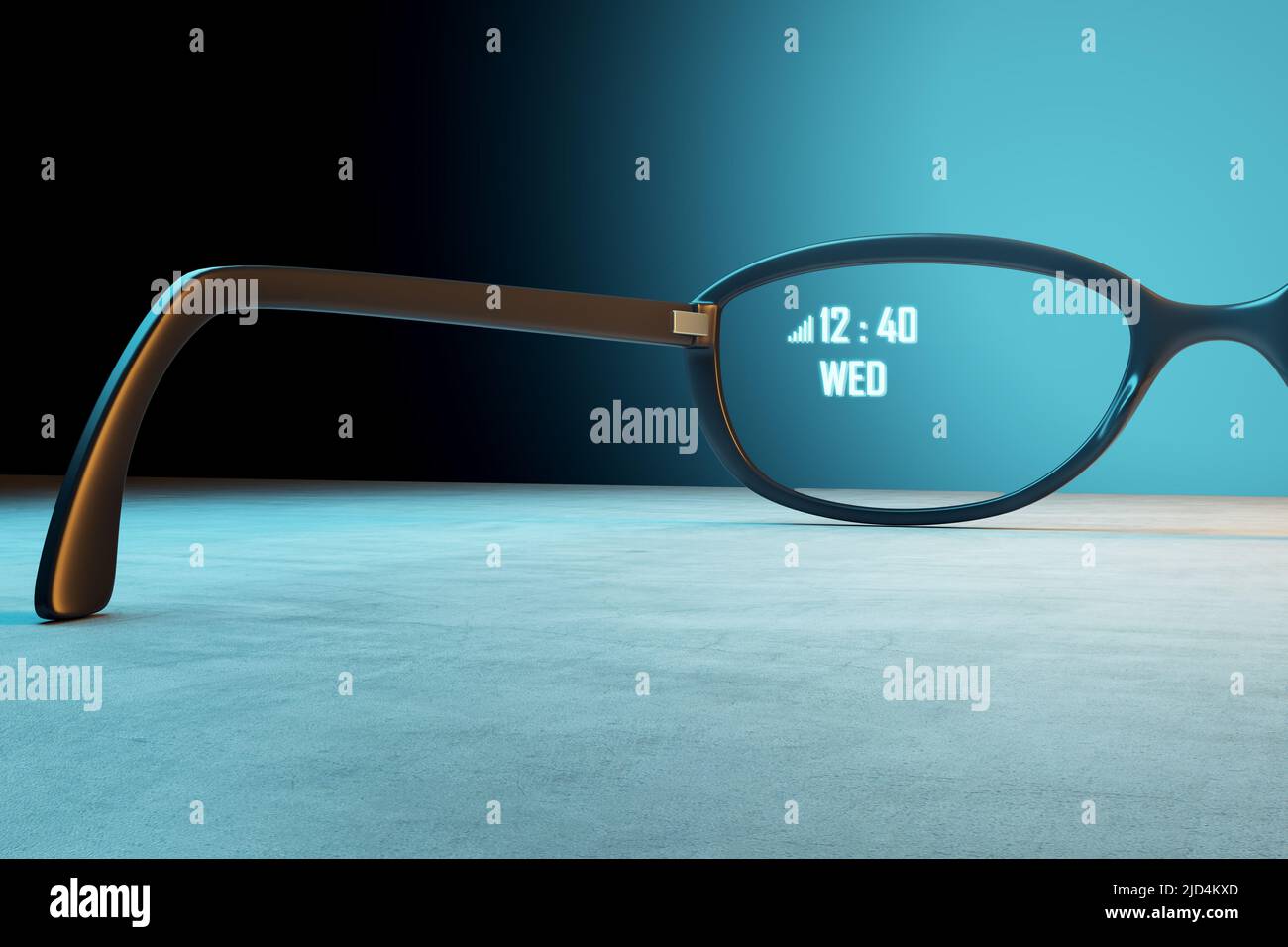 Augmented reality concept with digital time and date on classic glasses ...