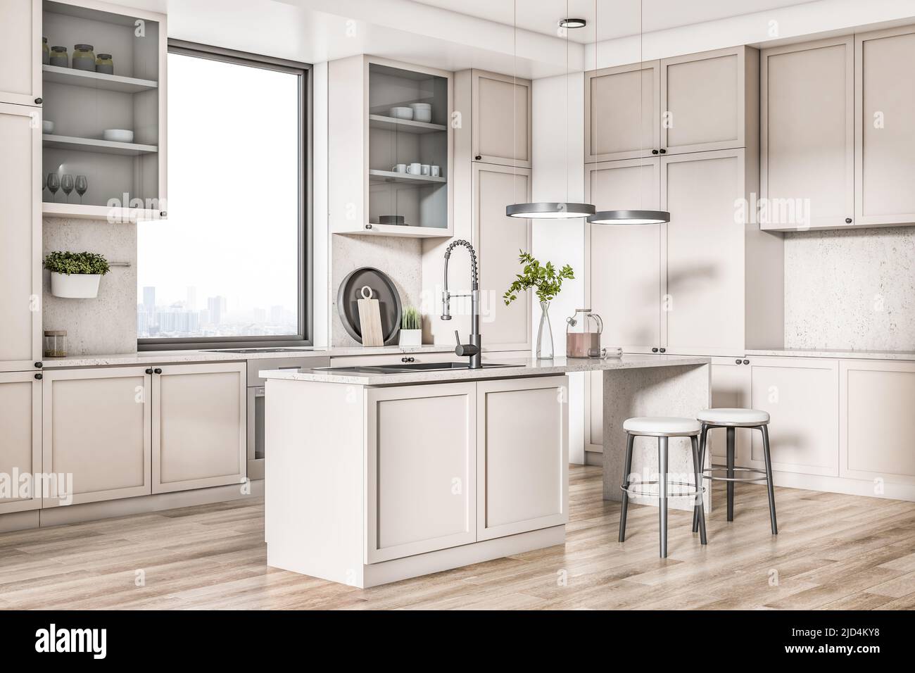 Side view on stylish sunny area with modern light kitchen set, stools ...