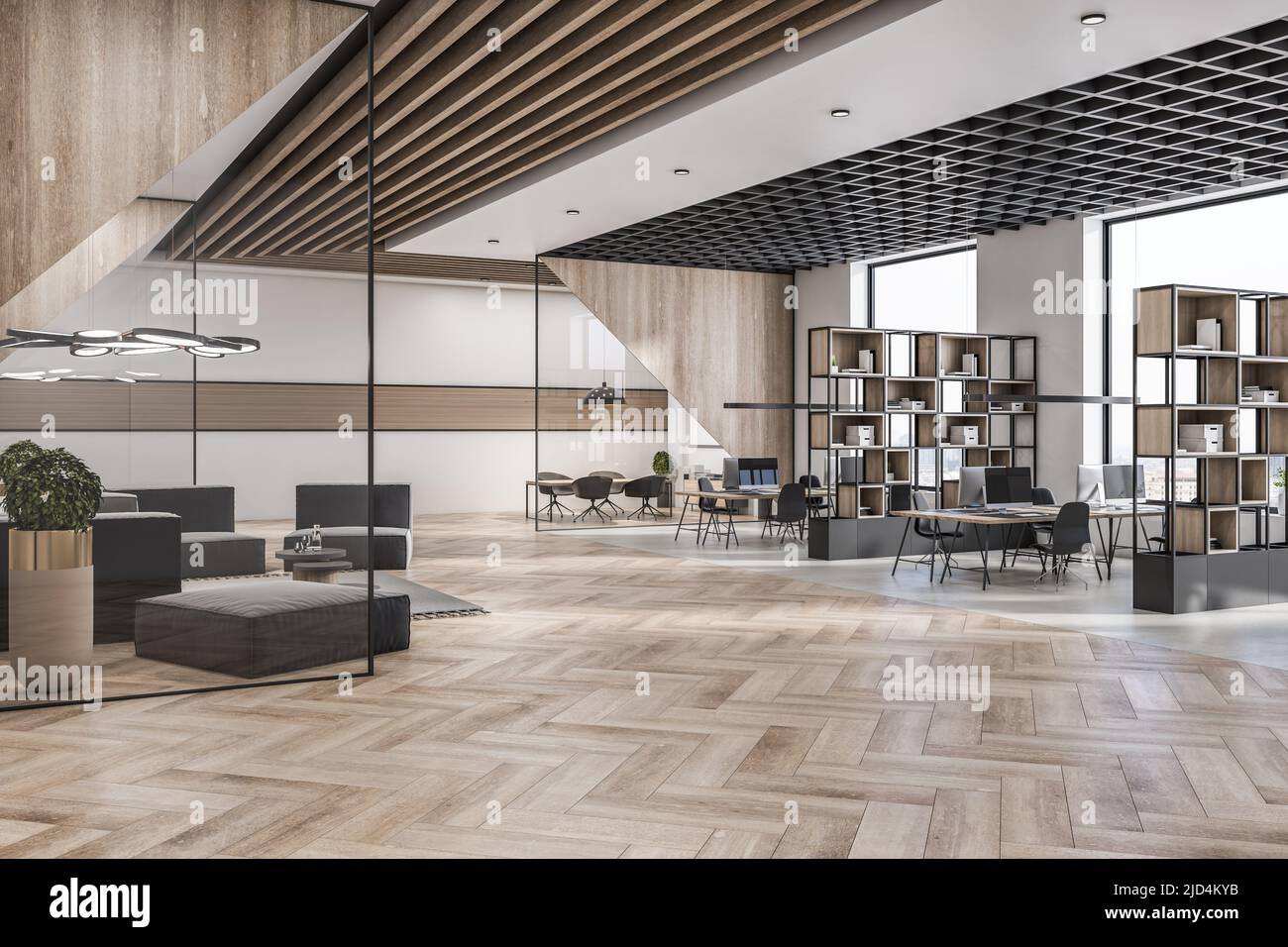 Stylish spacious office hall with waiting area, stylish wooden ...