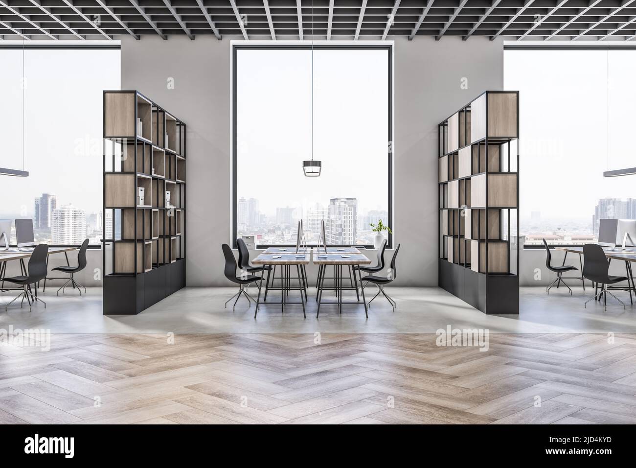 Side view on stylish work places in spacious modern office with eco ...