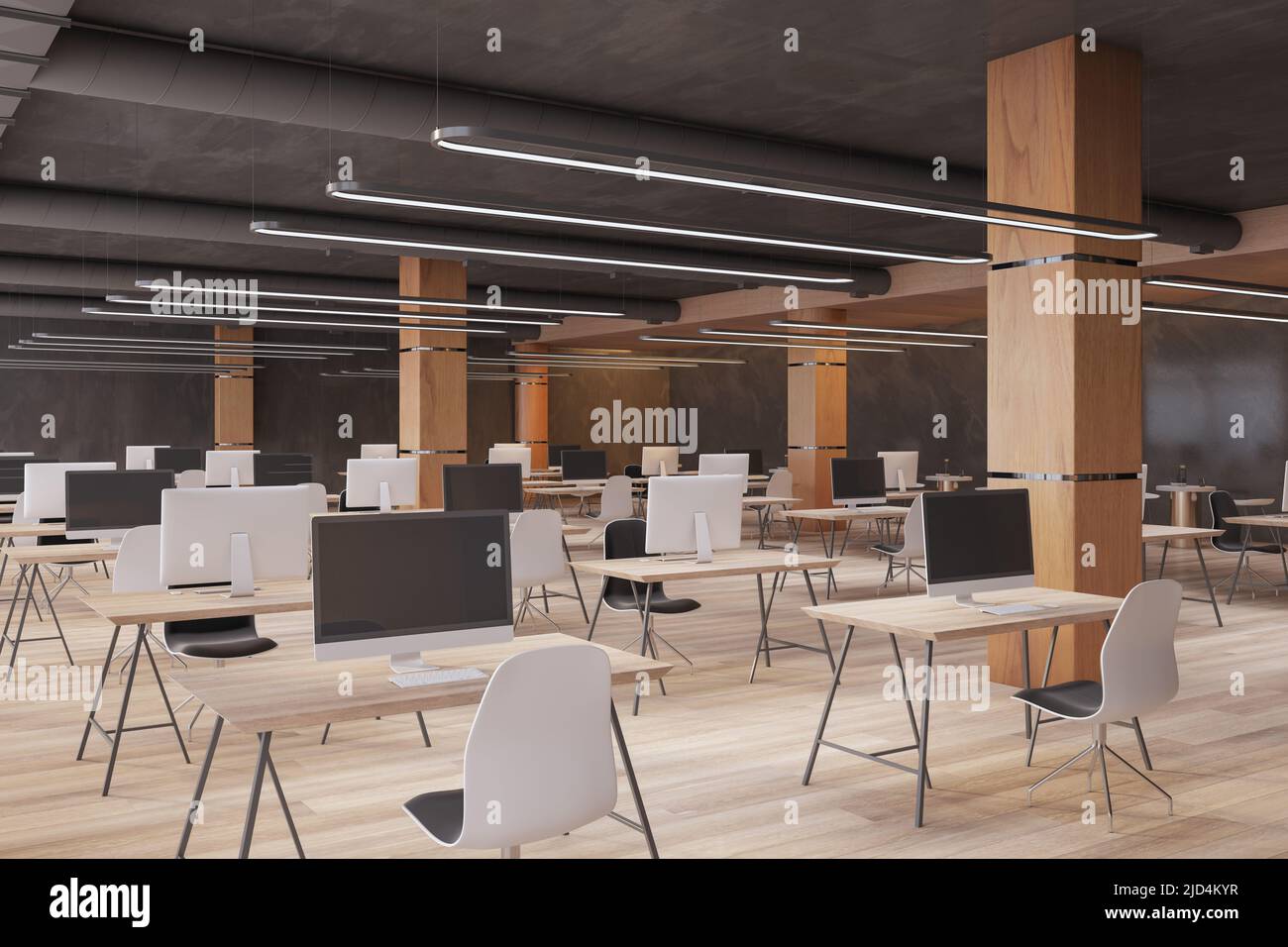 Eco style huge coworking office with wooden columns, work tables and ...