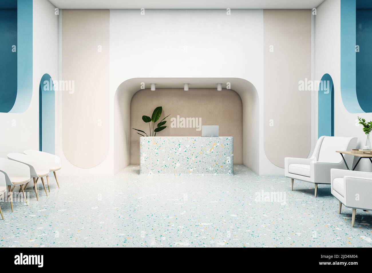 Bright white and blue shadows waiting hall, reception table, white ...