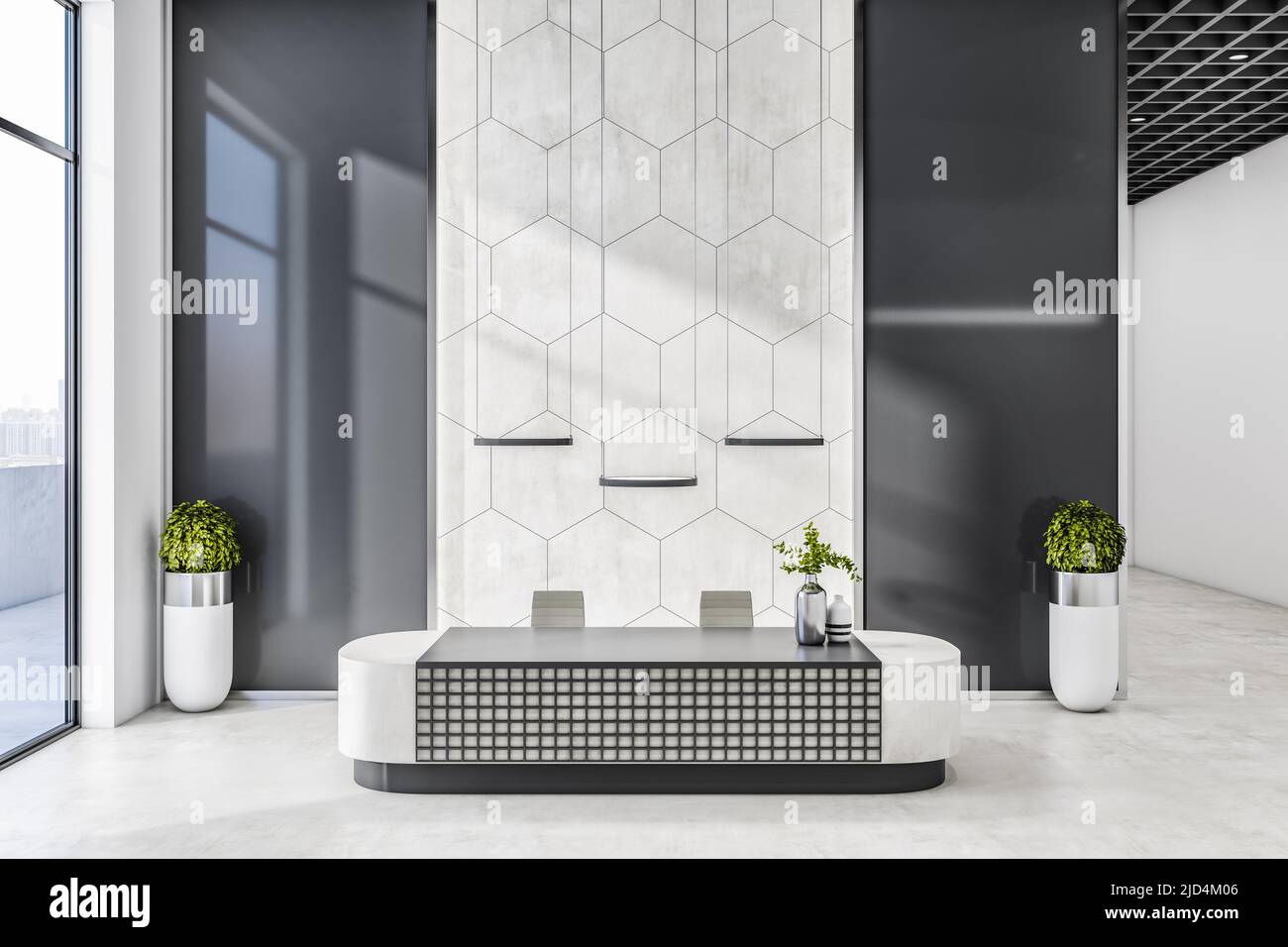 Modern Sunny Reception Area In Spacious Office Hall With Stylish Marble Table And Floor Dark