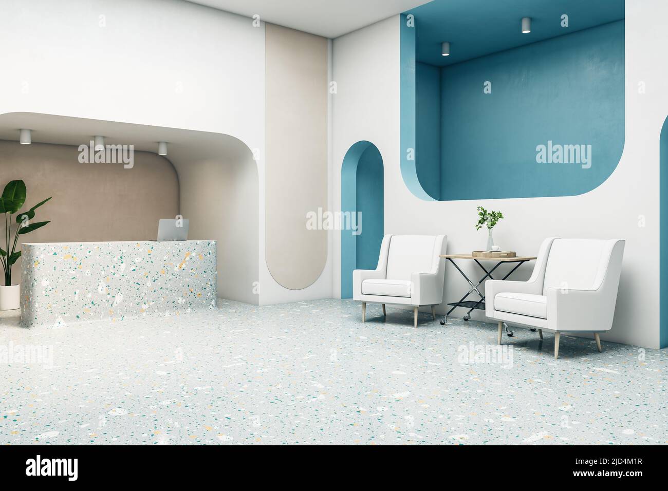 Side view on white chairs and stylish reception table in spacious ...