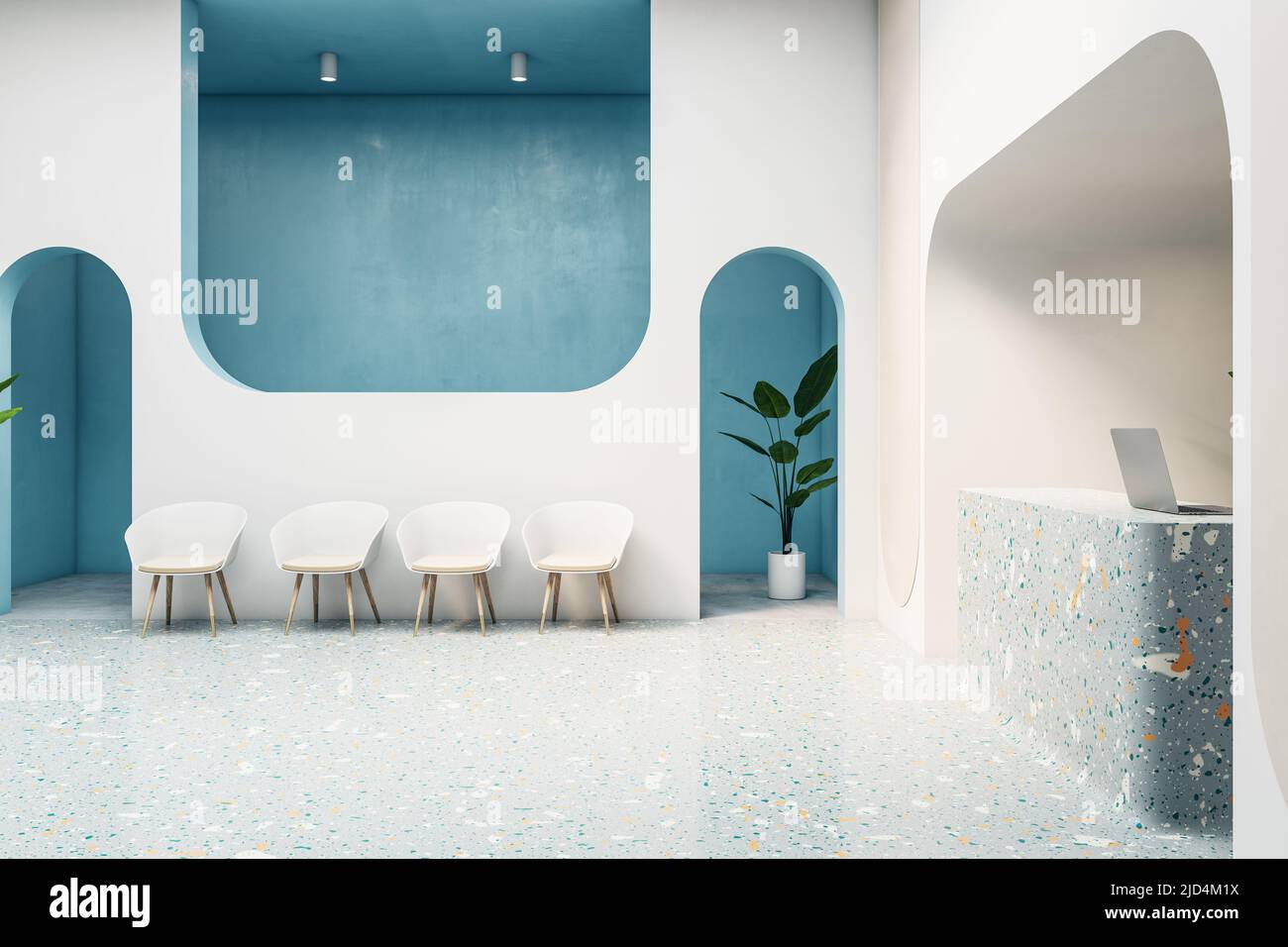 Bright modern waiting area interior design with white chairs near blue ...
