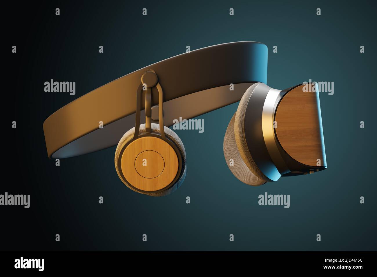 Side view on stylish VR headset with earphones on dark wallpaper ...