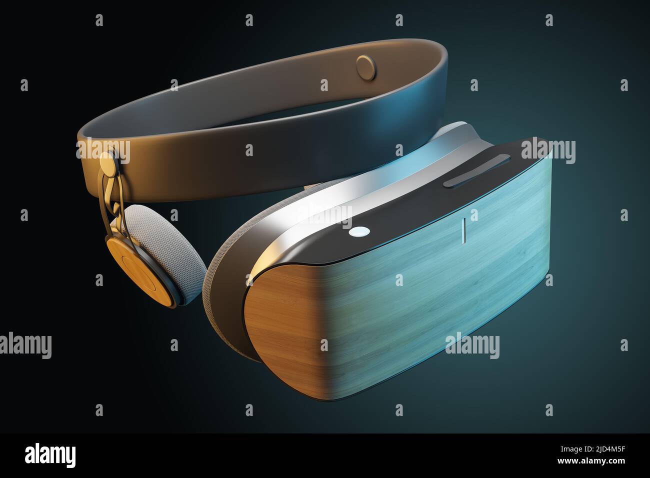 View from top on modern VR helmet with earphones custom made and ...