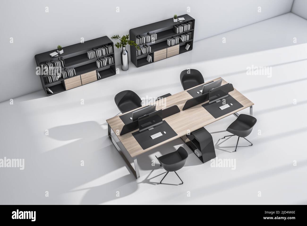 Top view on stylish workspaces with wooden tables, black chairs, modern ...