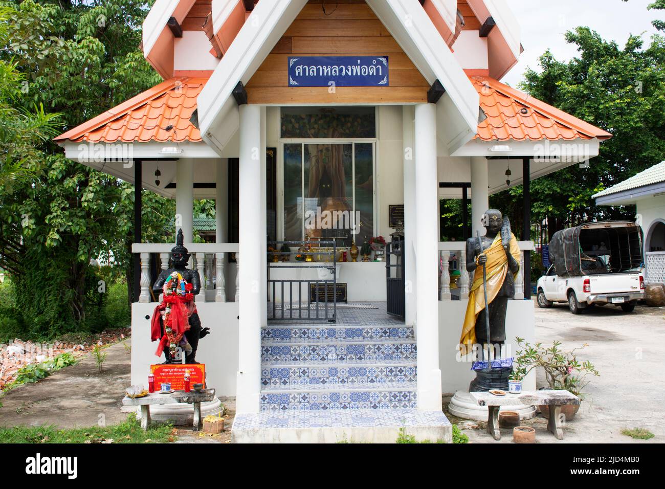 Small shrine and Wessuwan or Vasavana statue and siwali monk for thai ...