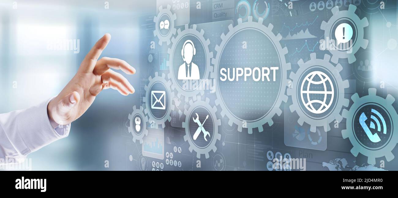 Support button on virtual screen. Customer service and communication ...