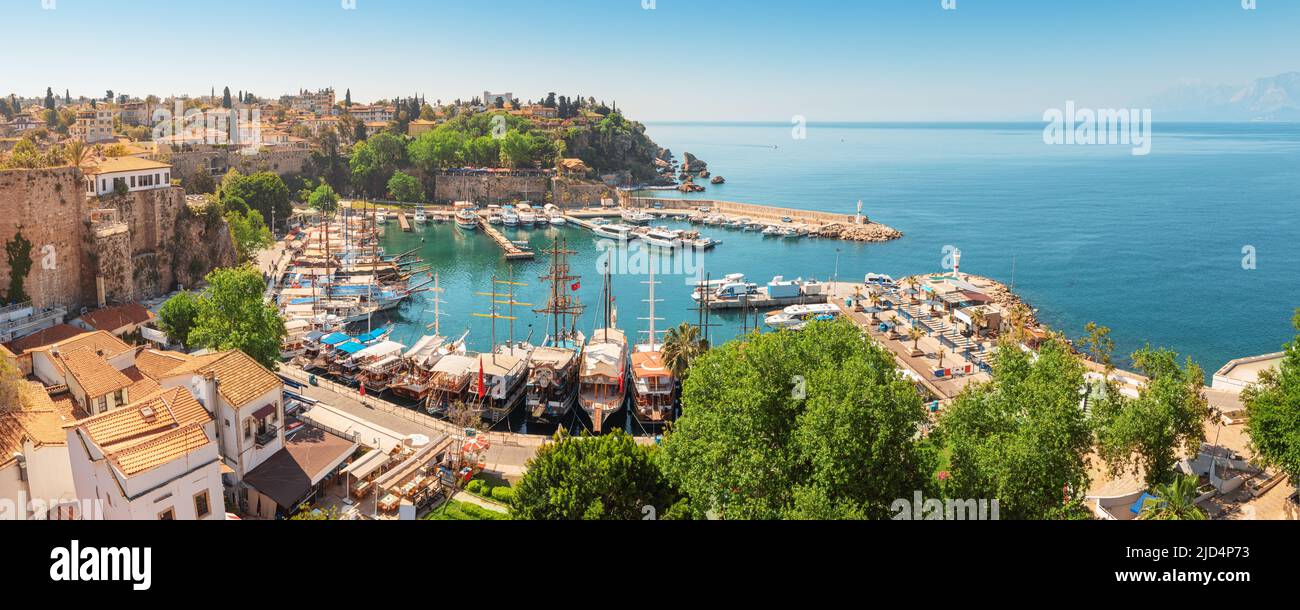 Aerial view of the picturesque bay with marina port with yachts near ...