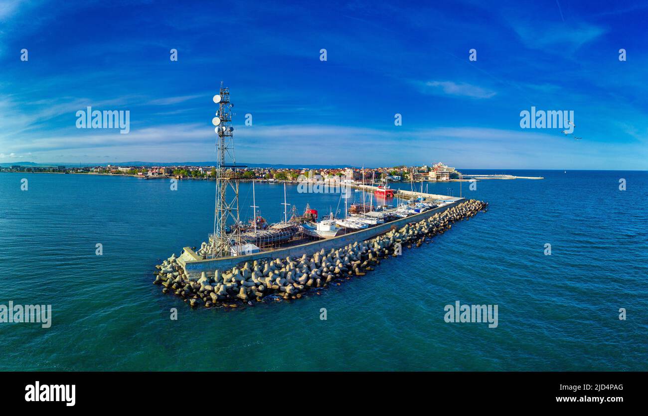 Panorama on working modern marine radar station located in a sea small ...