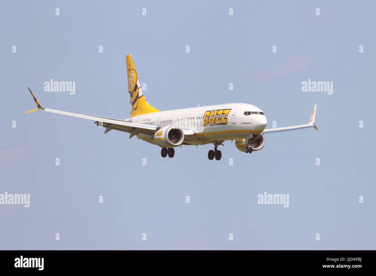 Buzz Air, Boeing 737 Max, SP-RZH, landing at Stansted Airport, Essex ...