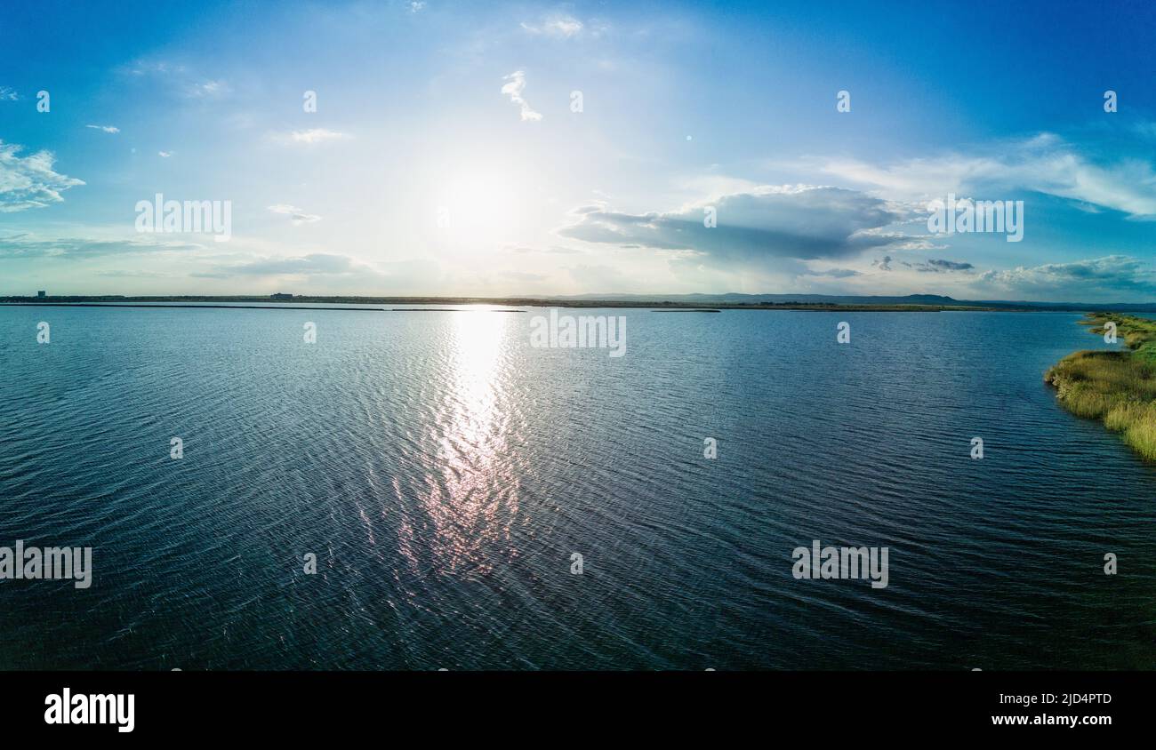 Panorama on extraordinary fantastic view of beautiful blue sunny sunset ...