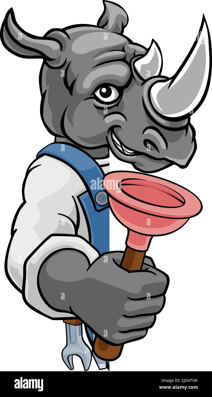 Rhino Plumber Cartoon Mascot Holding Plunger Stock Vector Image & Art ...