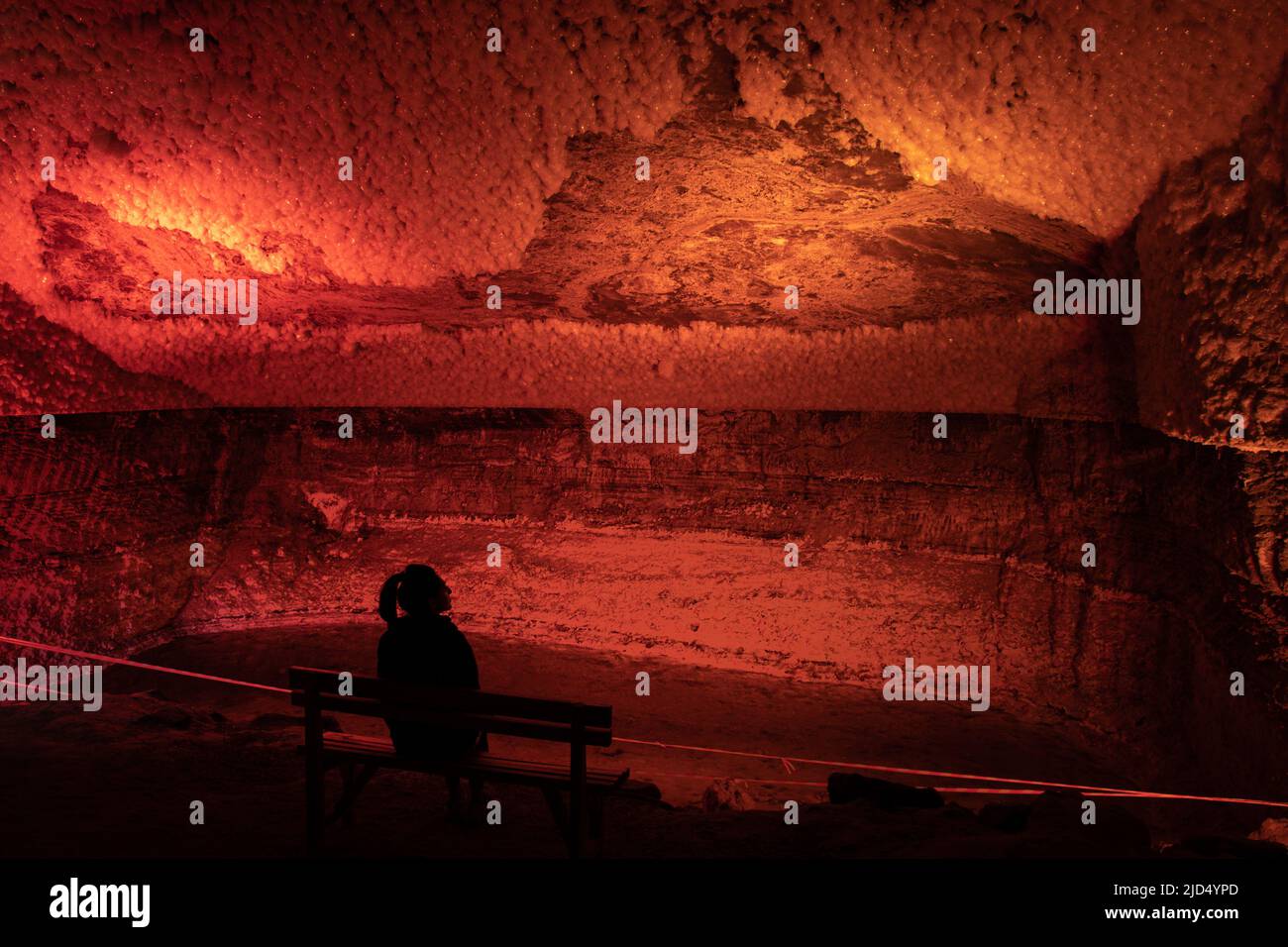 Tourist woman sit on bench enjoy famous Tuzluca salt mine in central ...
