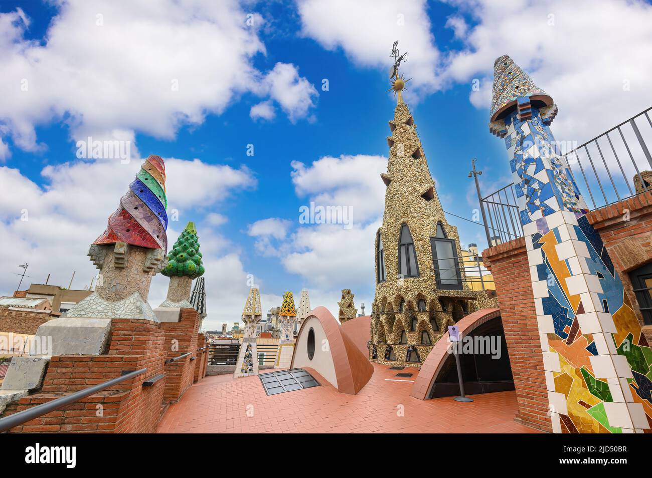 Barcelona, Spain. The colorful mosaics chimneys made by broken ceramic ...