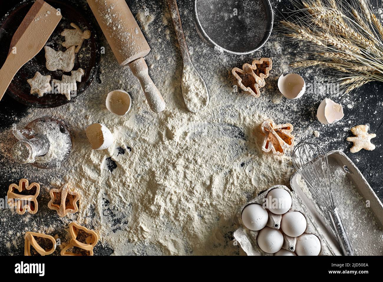 Cooking dough for cookies, butter, eggs, cooking equipment, flour on a ...