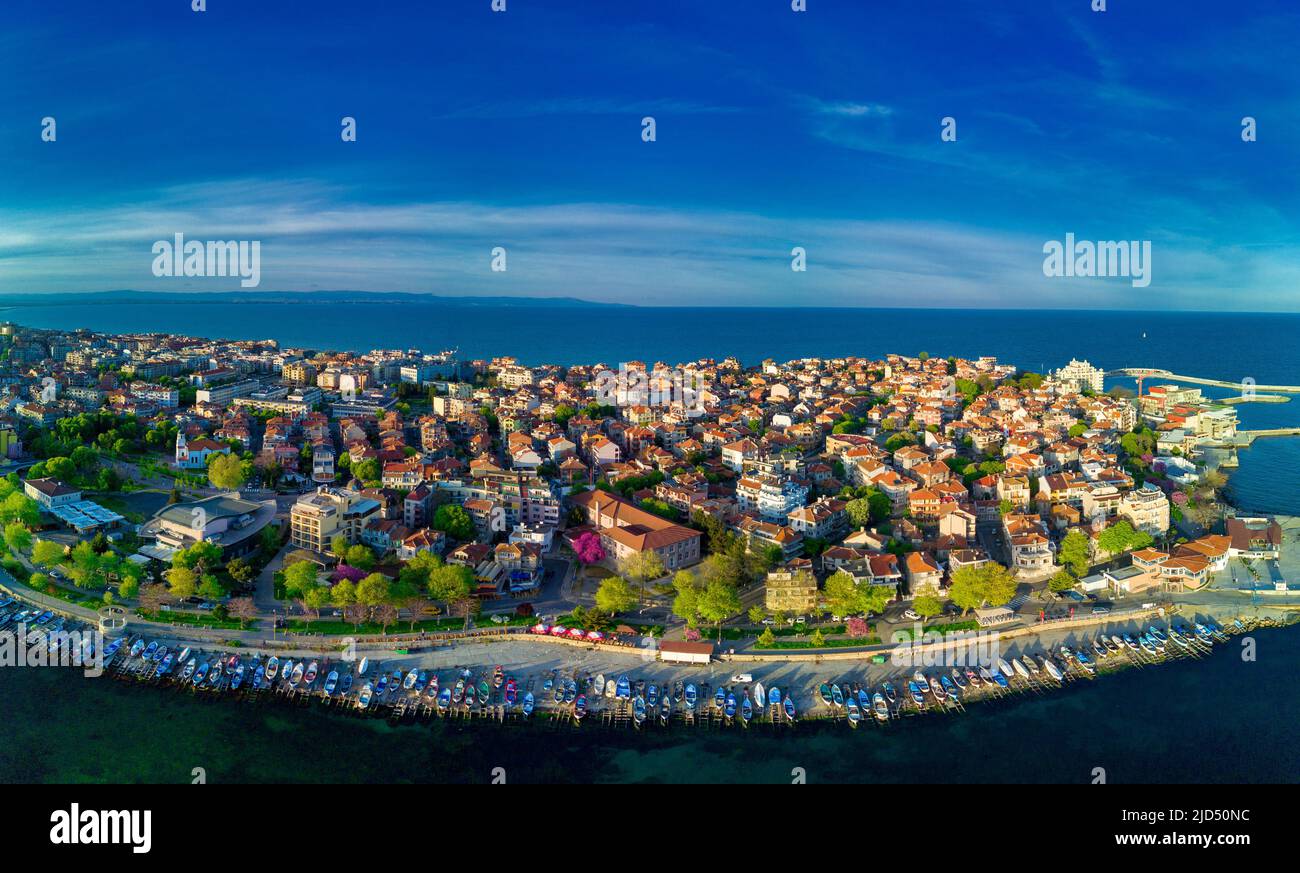 Panoramic bird's eye view over small ancient resort town of Pomorie ...