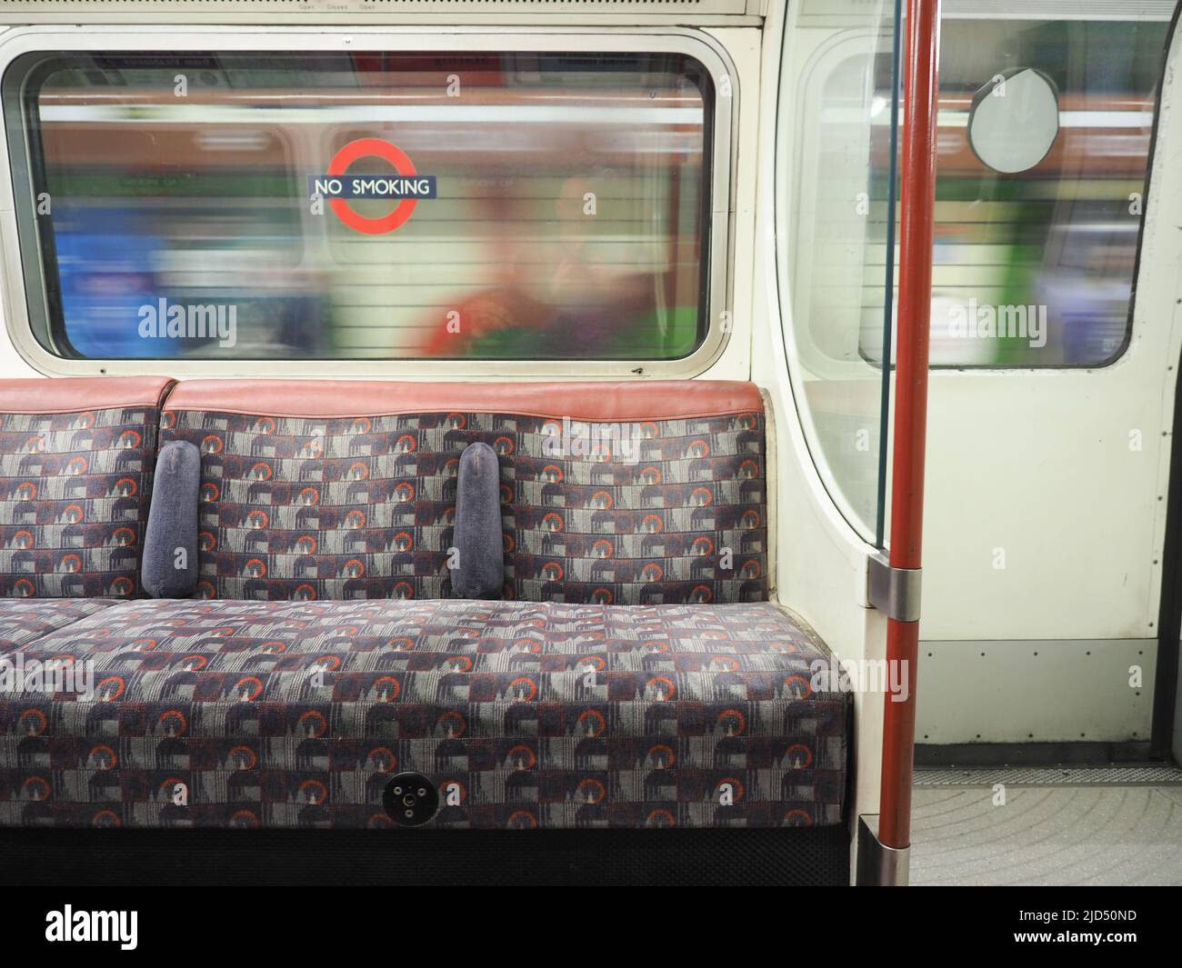 Interior of a 1972 Bakerloo line underground train showing the vintage ...
