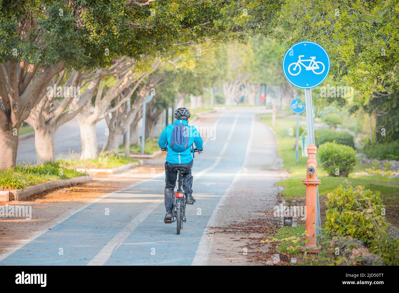 Cyclist ride along a bike path in a park with painted pavement and road ...