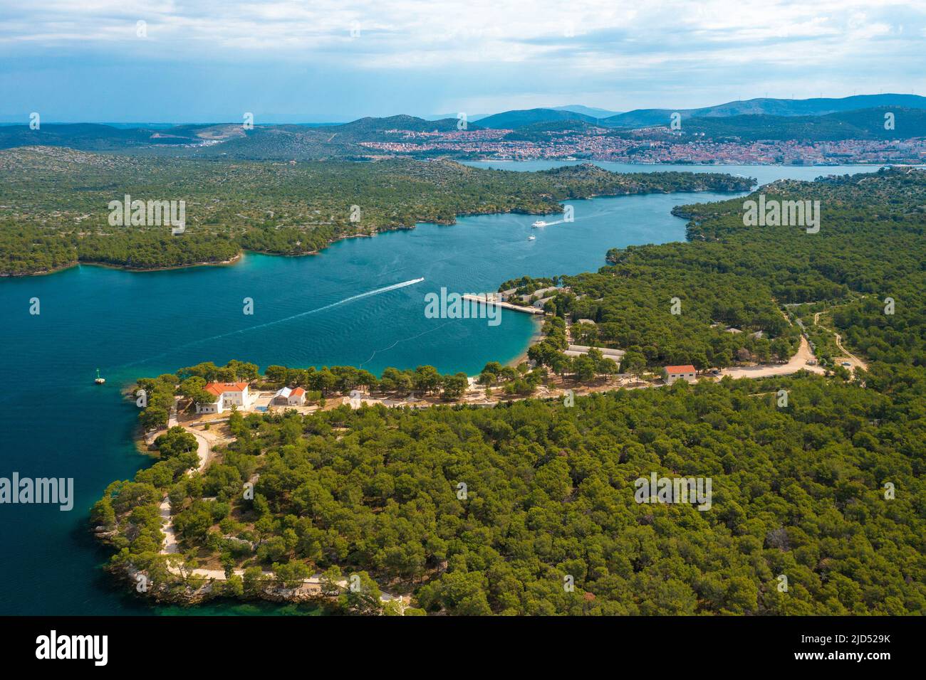 Aerial view of an estuary of the Krka River called St. Anthony Channel ...