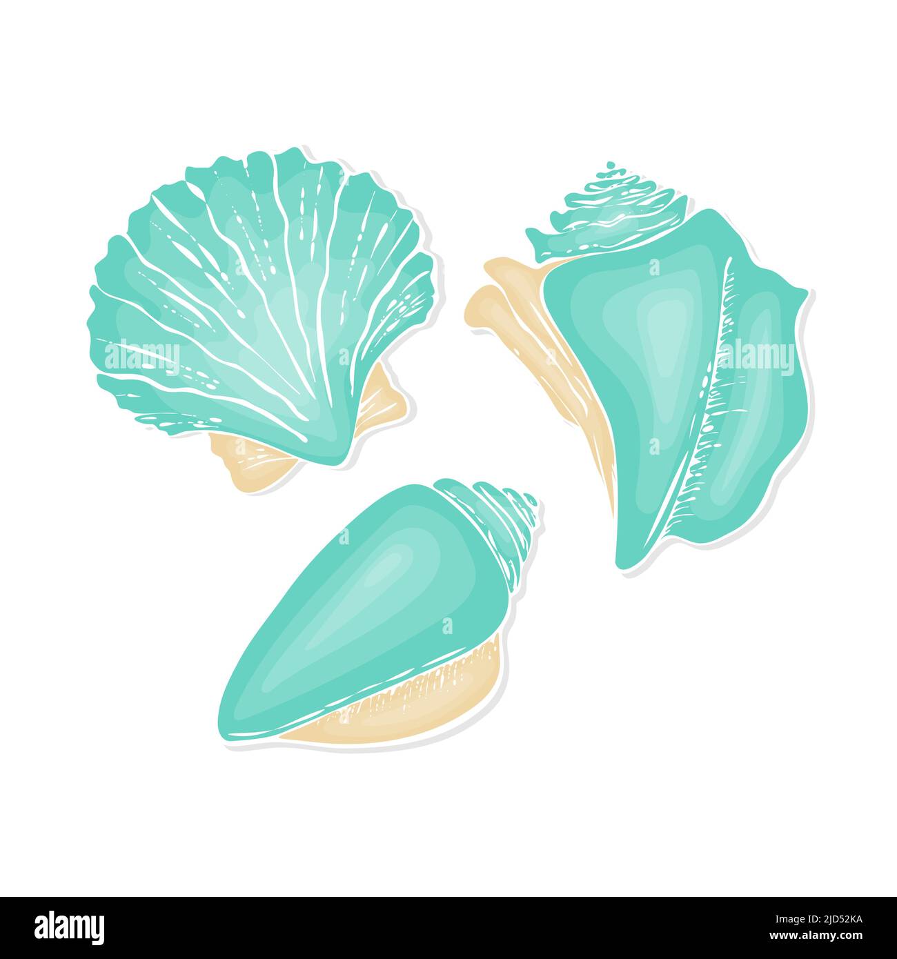 Seashell set hand drawn doodle drawing, blue and beige pastel tone ...