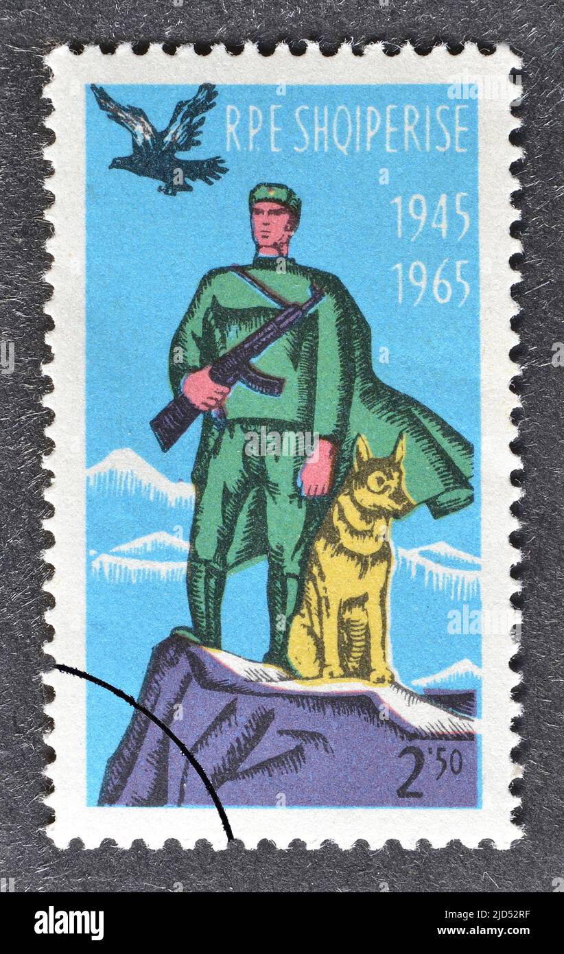 Cancelled postage stamp printed by Albania, that shows Frontier Guard ...