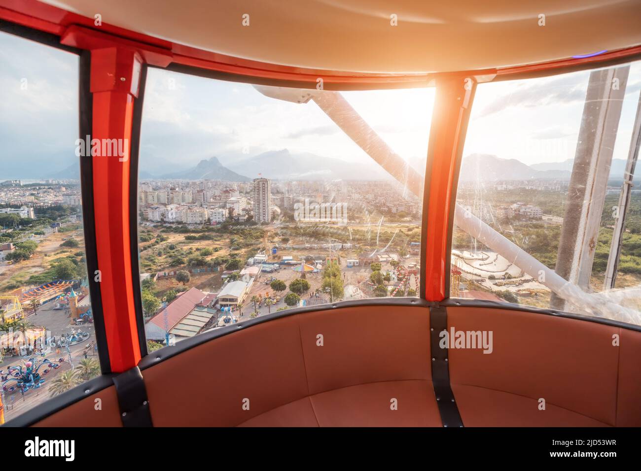 Interior of a cabin of ferris wheel in amusement luna park ...