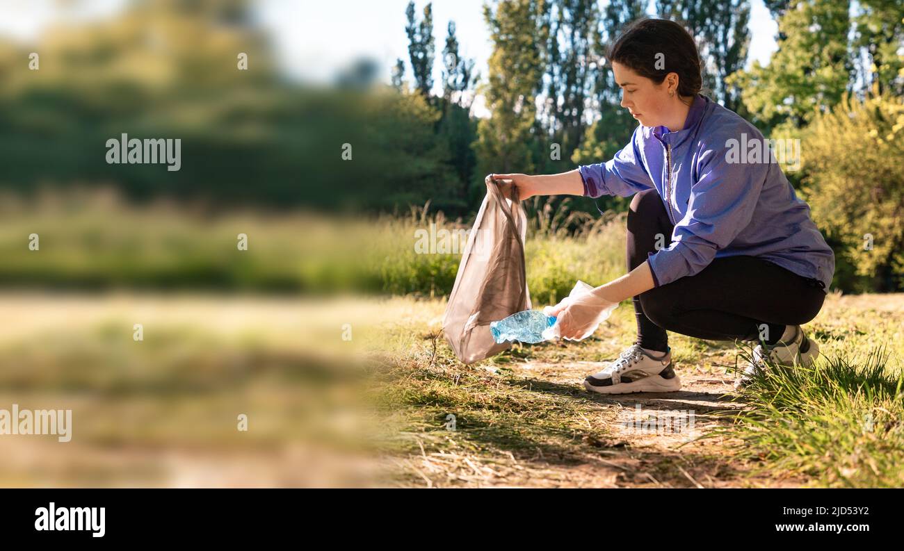 Plogging banner with copy space. Woman in sportswear jogging at the ...