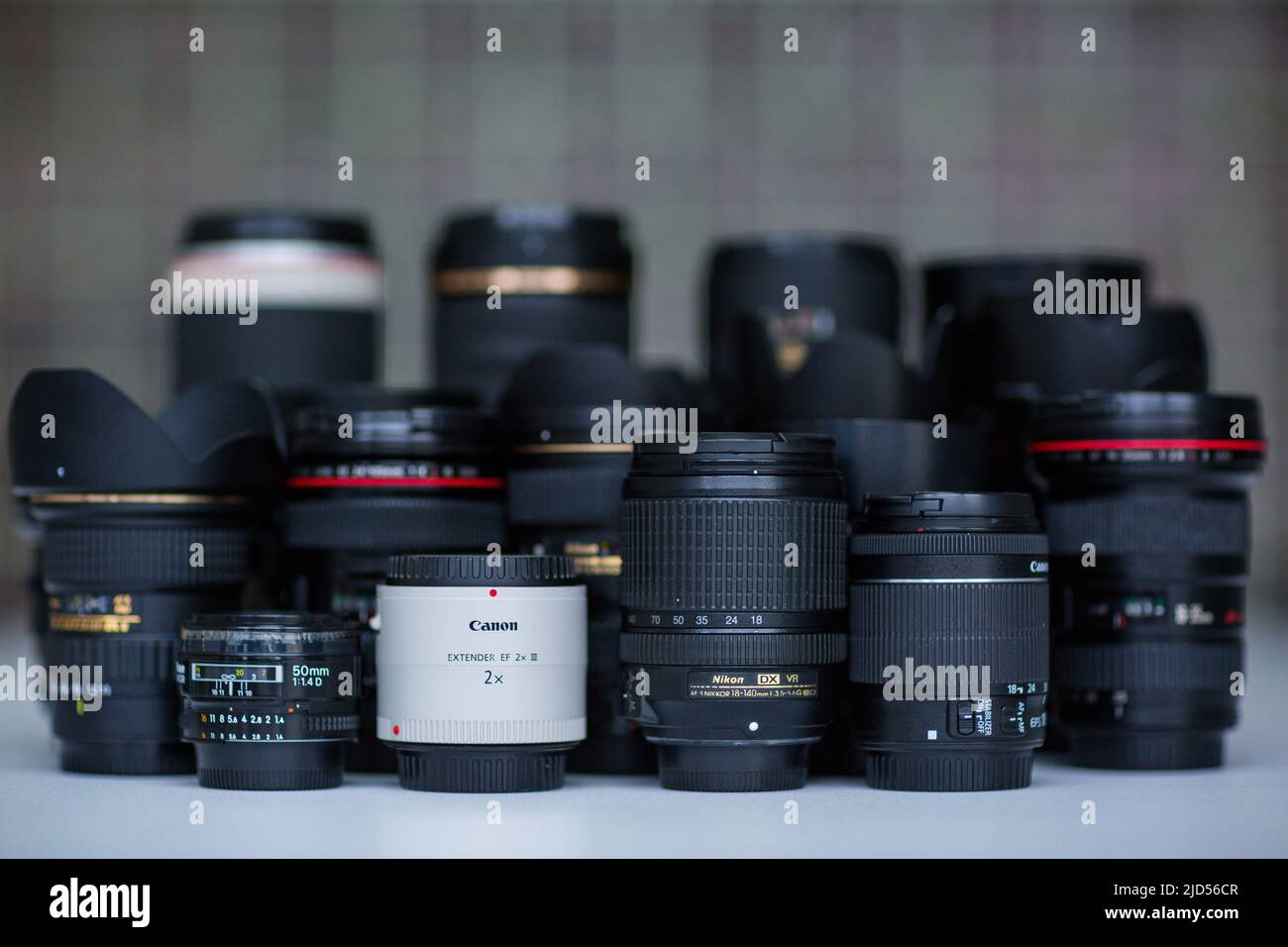 Nikon Canon lenses different focal lengths display Stock Photo - Alamy