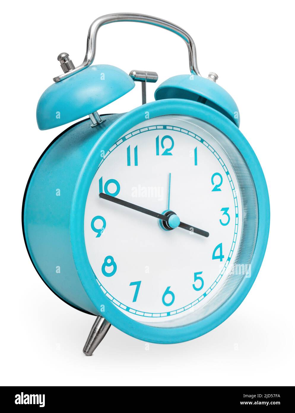 Stylish blue alarm clock isolated on white background. Concept of time ...