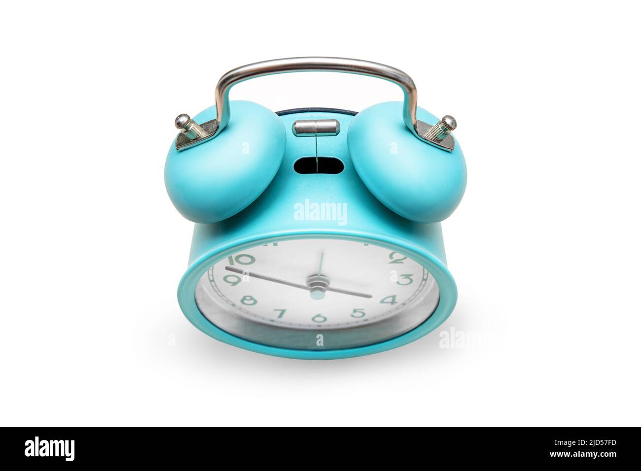 Stylish blue alarm clock isolated on white background. Concept of time ...