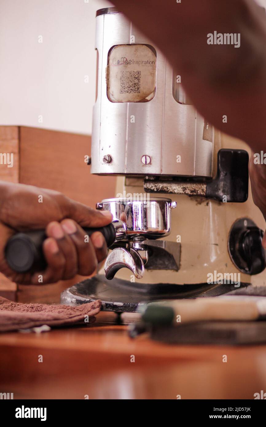 Coffee making process machine procedure grounded beans barista in Kenya ...