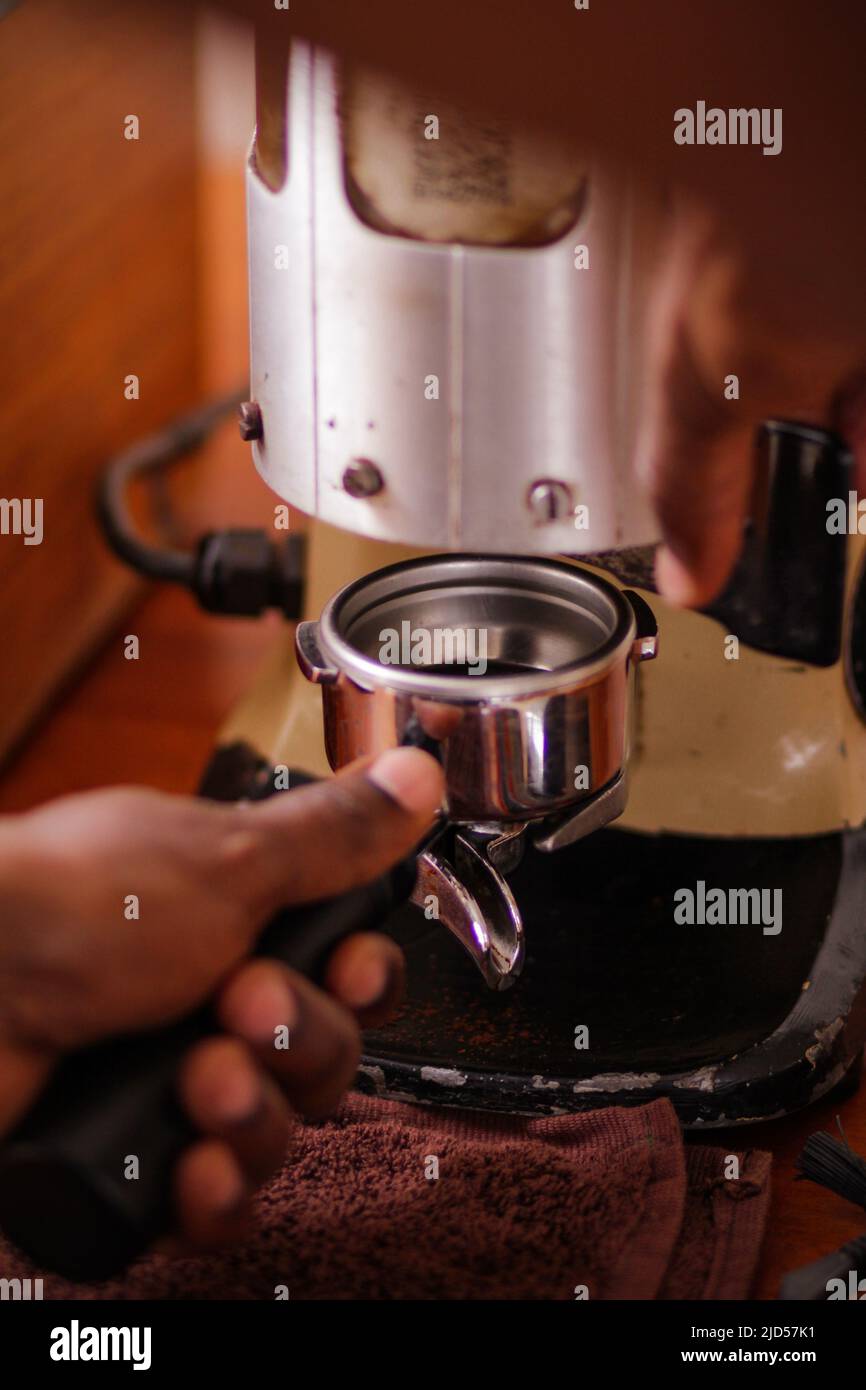 Coffee making process machine procedure grounded beans barista in Kenya ...