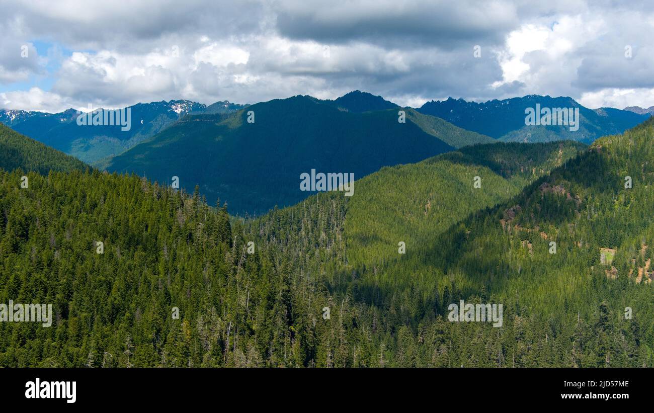 Aerial view of Spider Lake in the Olympic Mountains of Washington state ...