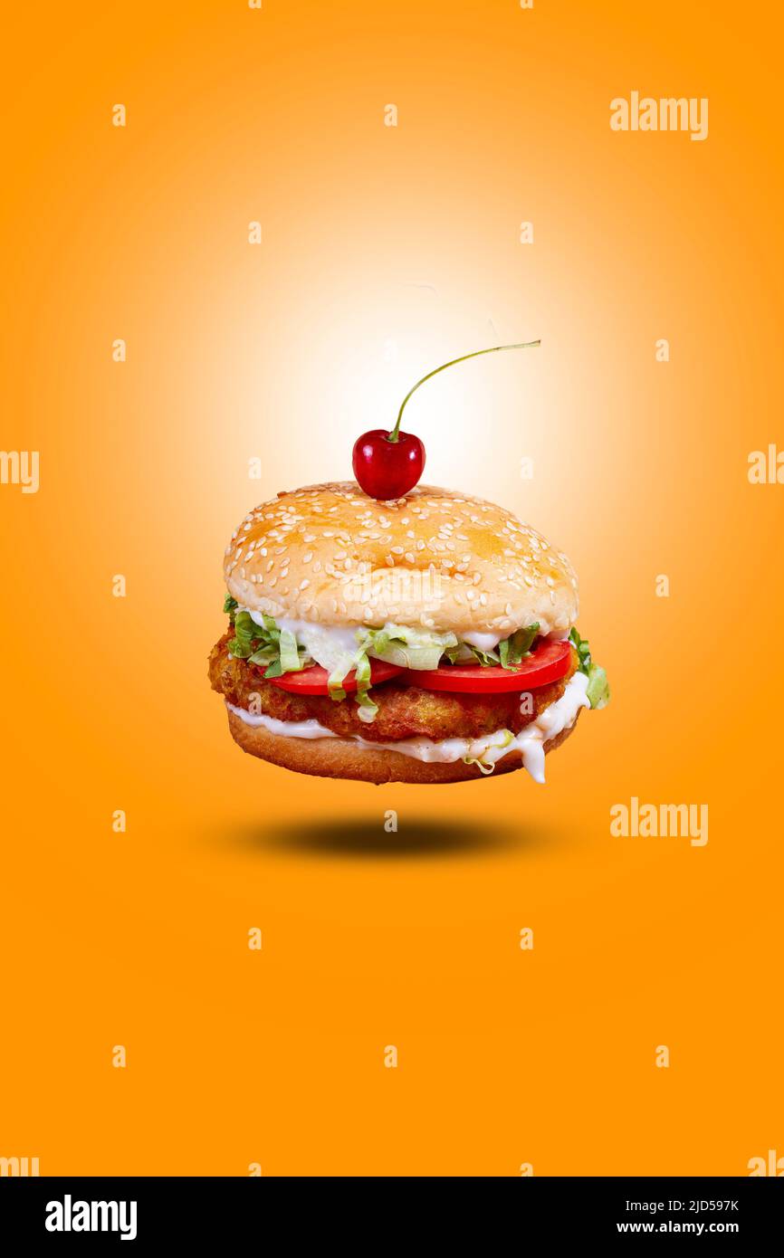 Juicy mini veg flying burger, hamburger or cheeseburger with one veg ...