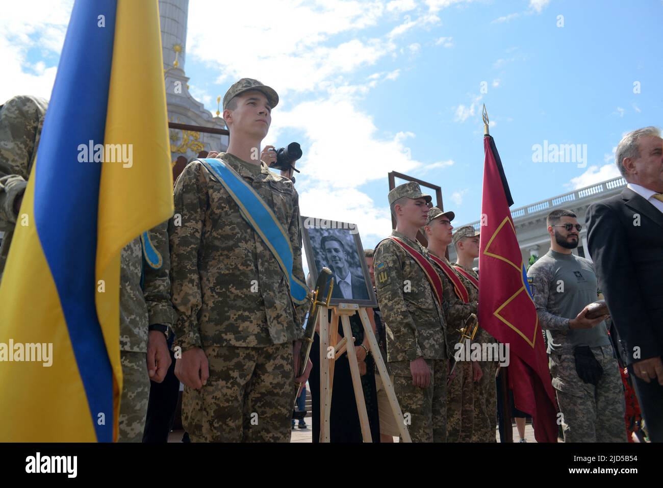 Kiev, Ukraine - June 18, 2022 - Soldiers stand to attention during a ...