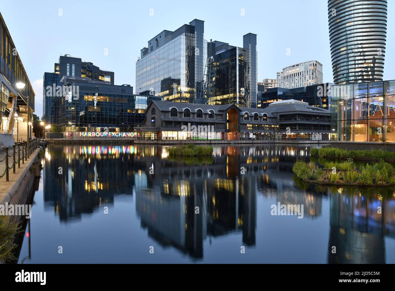 Harbour Exchange modern office buildings dusk reflection, located in ...