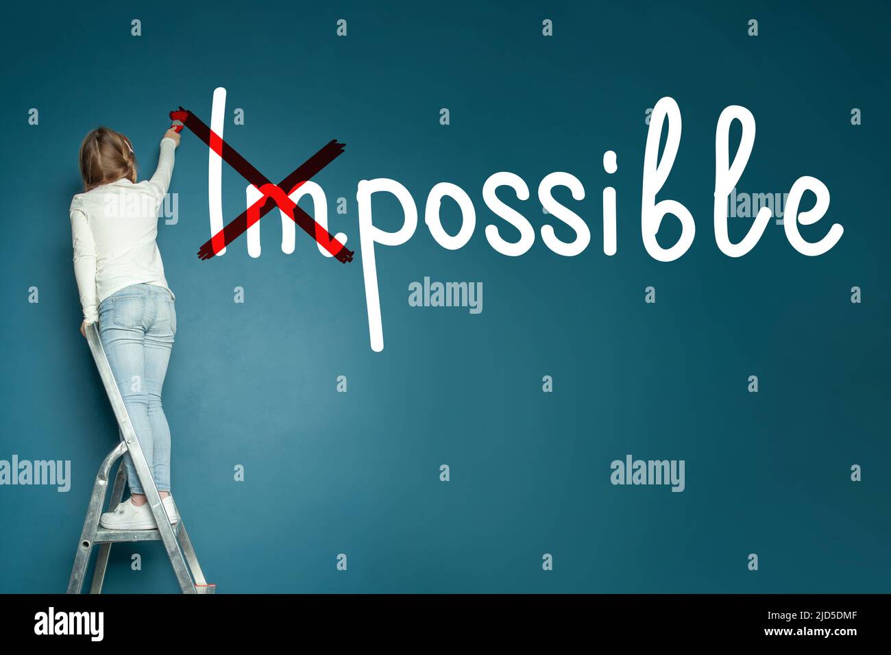 Child girl with impossible inscription on blue chalkboard background ...