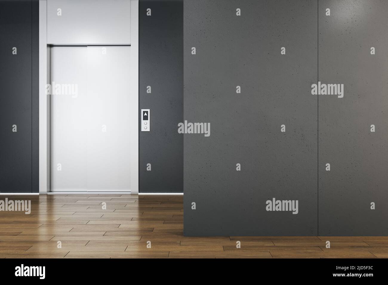Blank black wall in empty office hall with elevator and wooden glossy ...