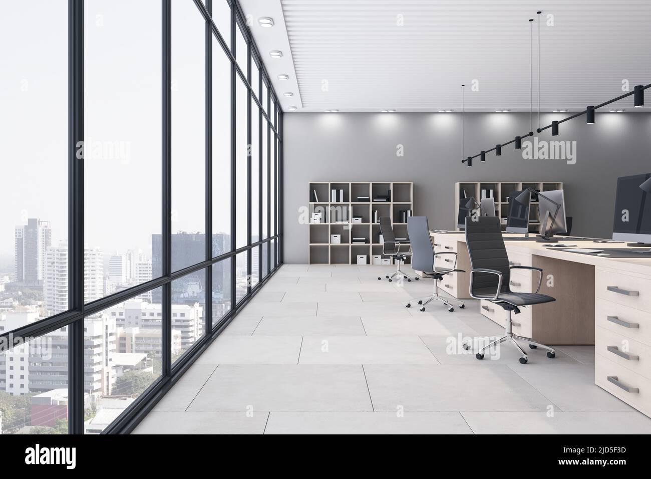 Side view on spacious modern interior design coworking office on high ...