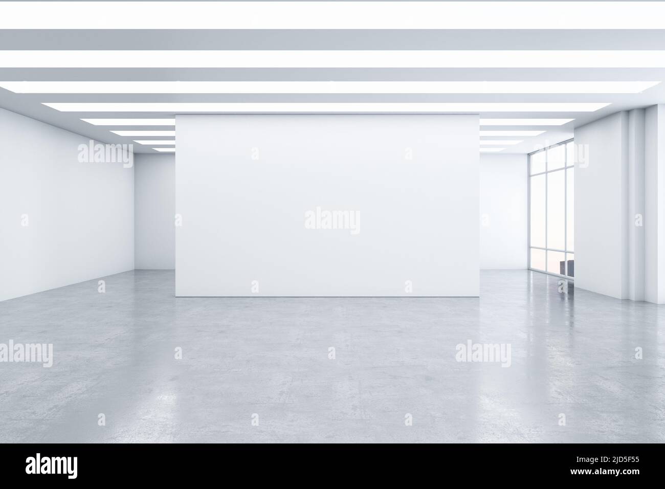 Empty spacious light exhibition or gallery hall with front view on ...